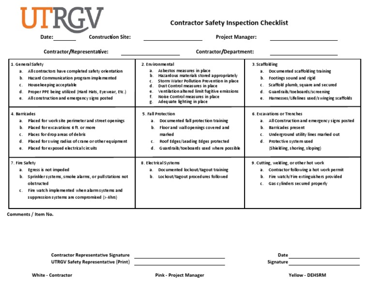 Contractor Safety Inspection Checklist | PDF | Fire Safety ...