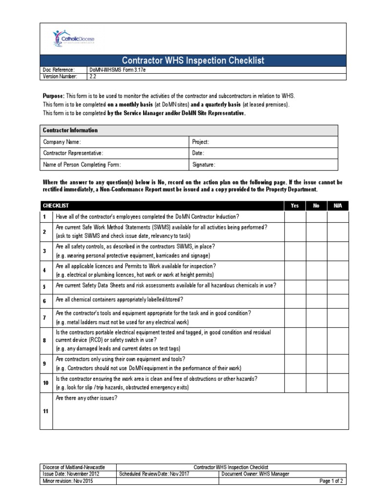 Contractor WHS Inspection Checklist | PDF | General Contractor | Safety