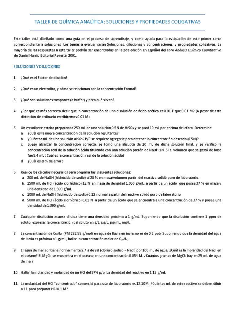 Taller de Soluciones y Propiedades Coligativas | PDF | Concentración | Ácido clorhídrico