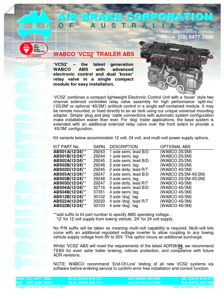 WABCO VCS2 Trailer ABS Kits Guide | PDF | Semi Trailer Truck | Anti ...