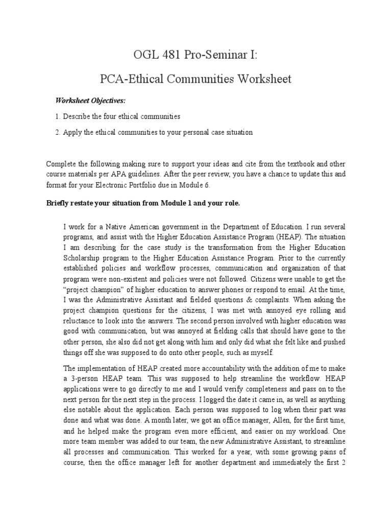OGL 481 Pro-Seminar I: PCA-Ethical Communities Worksheet | PDF | Love ...