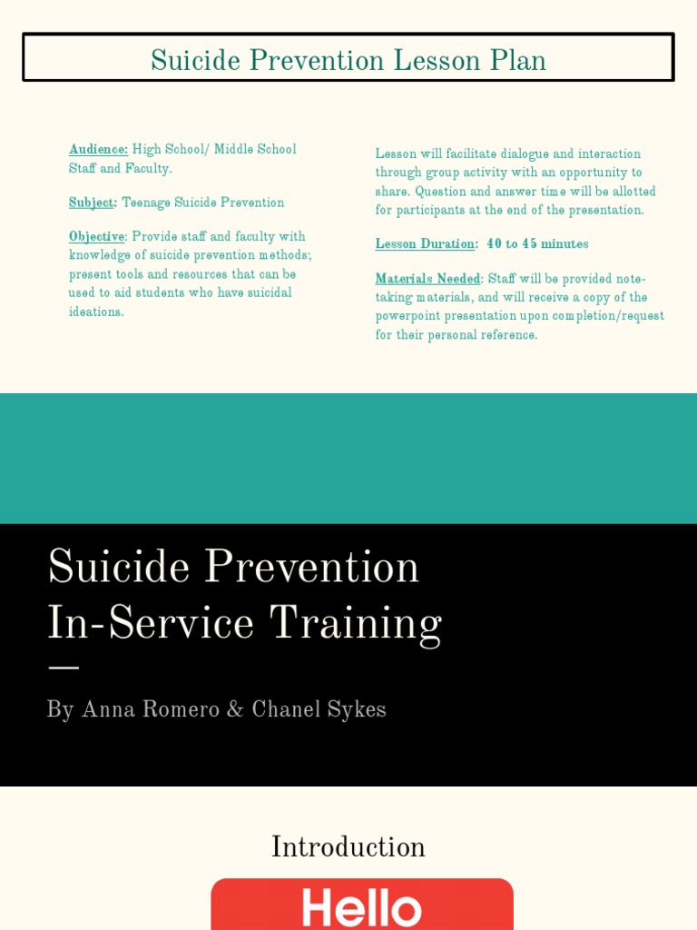 Suicide Prevention Lesson Plan: Audience: High School/ Middle School ...