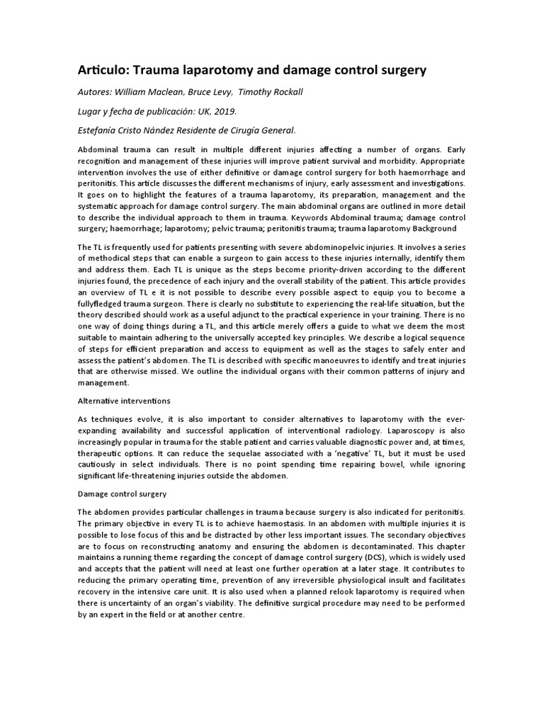 Articulo: Trauma Laparotomy and Damage Control Surgery | PDF | Surgery ...