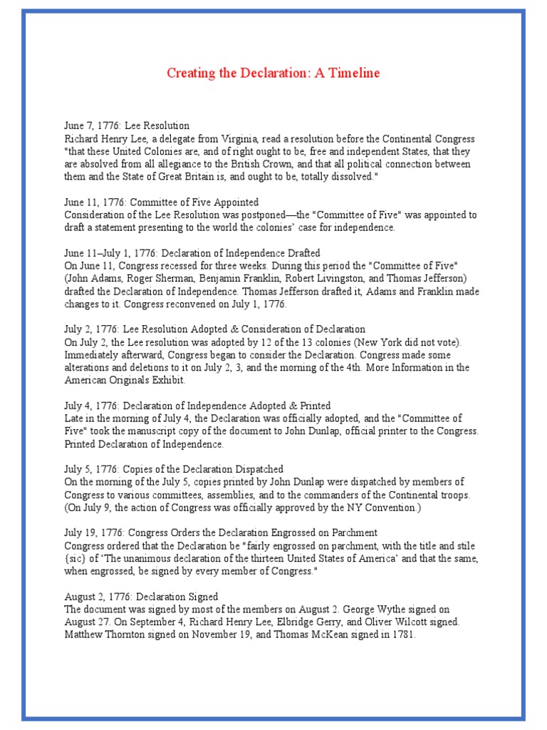 Timeline For Creating The Declaration | PDF | United States Declaration ...