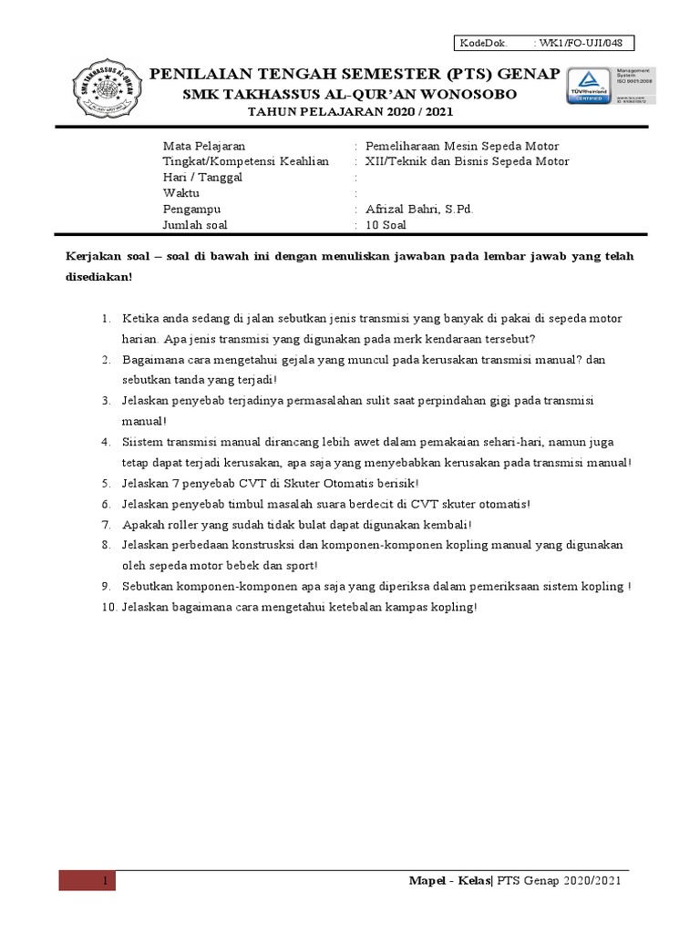 SOAL PTS GENAP PMSM - XII TBSM Afrizal | PDF | Teknologi & Rekayasa