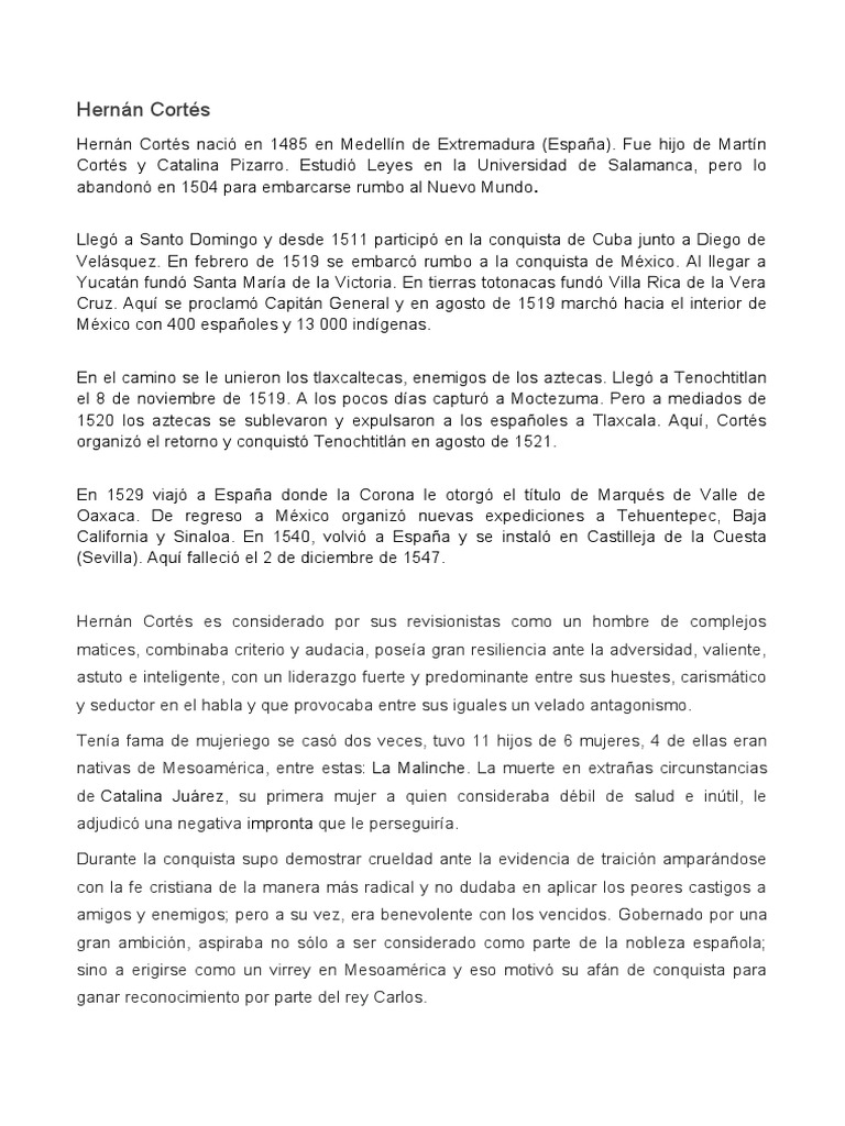 Biografía de Hernán Cortés y sus obras | PDF | Hernán Cortés ...