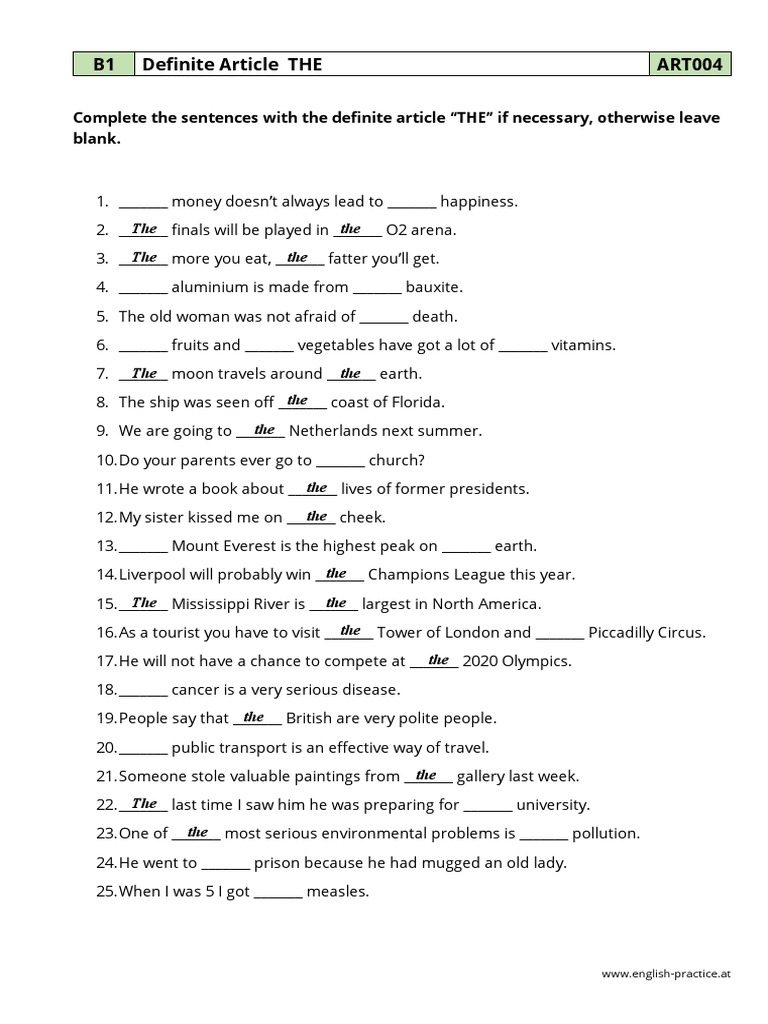 Definite Article "THE" Practice Exercises | PDF | Art