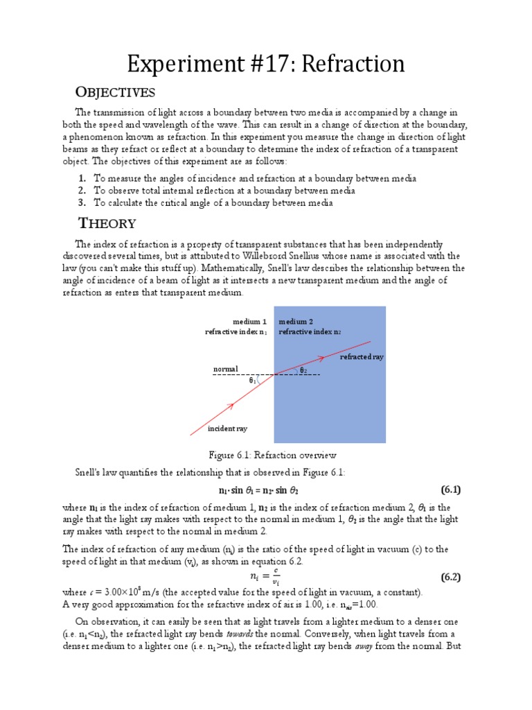 Experiment 17 Refraction Bjectives Pdf Refraction Refractive Index