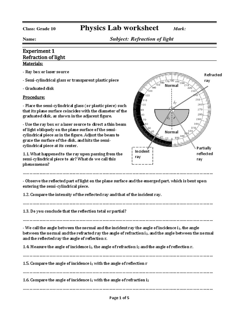 Physics Lab Worksheet: Experiment 1 Refraction of Light | PDF | Prism ...