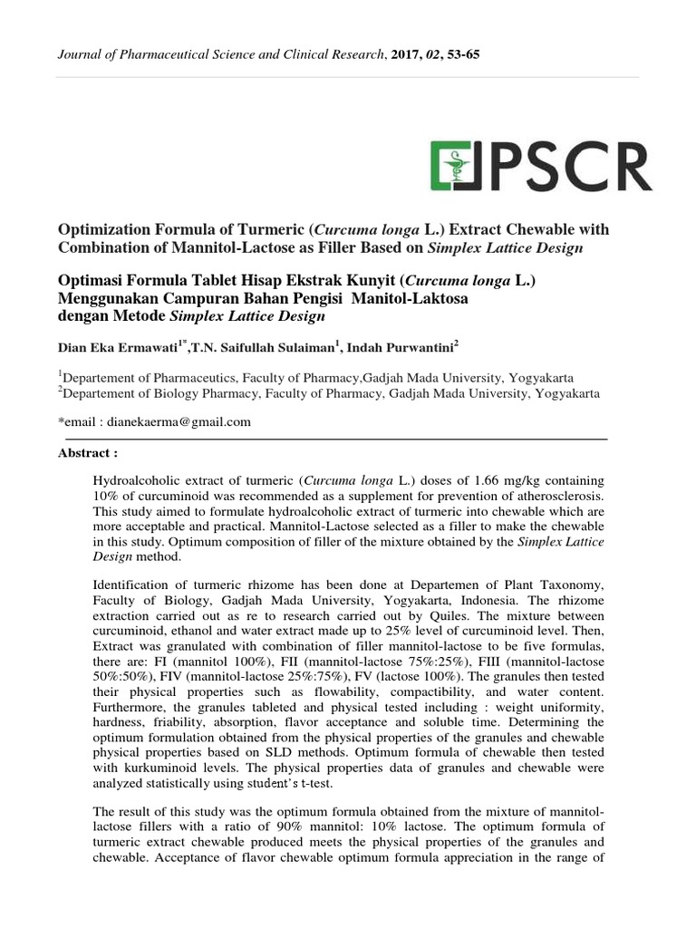 Optimization Formula of Turmeric (Curcuma Longa L.) Extract Chewable ...