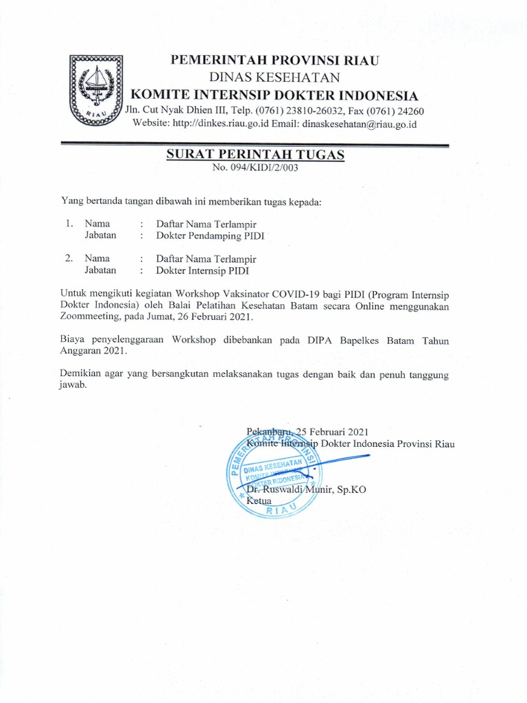 Surat Tugas Kegiatan Workshop Vaksinasi | PDF