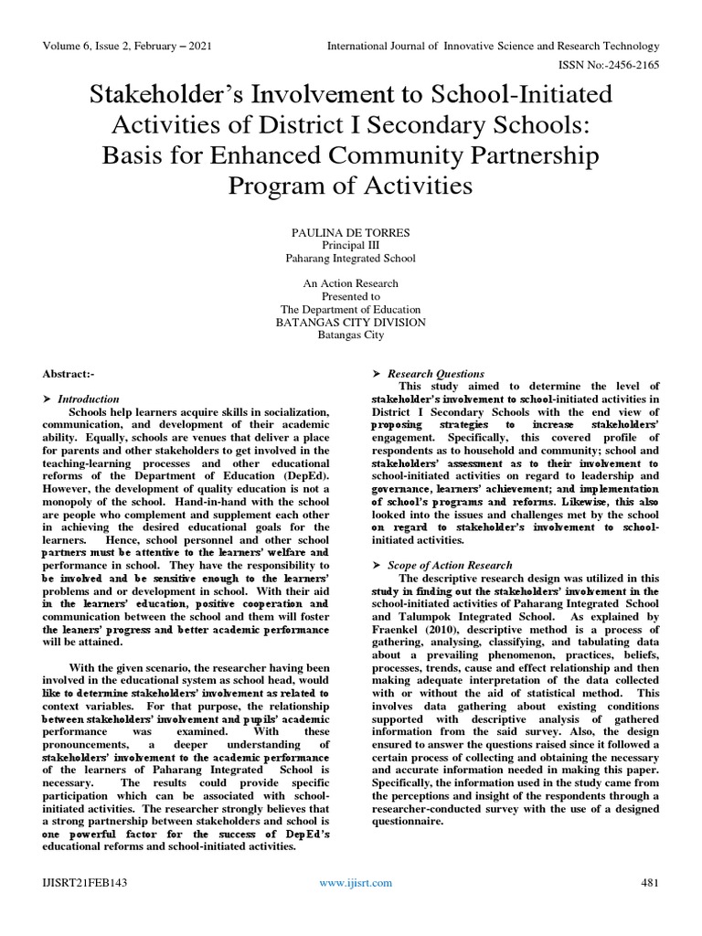 Stakeholder's Involvement To School-Initiated Activities of District I ...