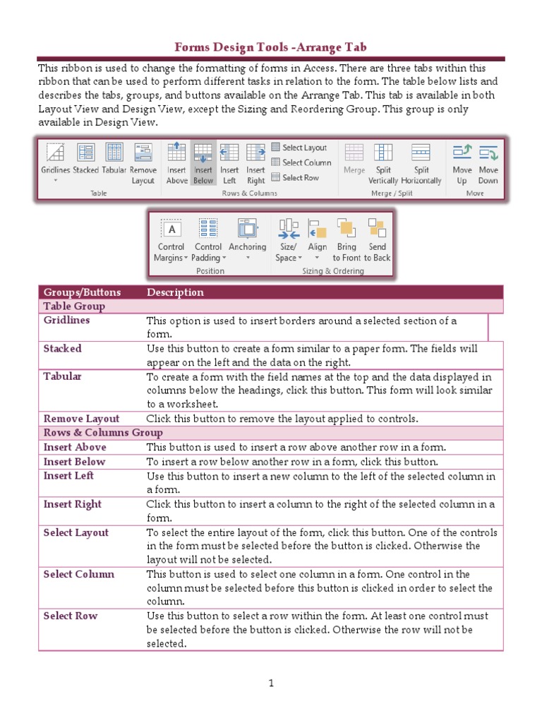 Forms Design Tools - Arrange Tab: Groups/Buttons Description | PDF ...
