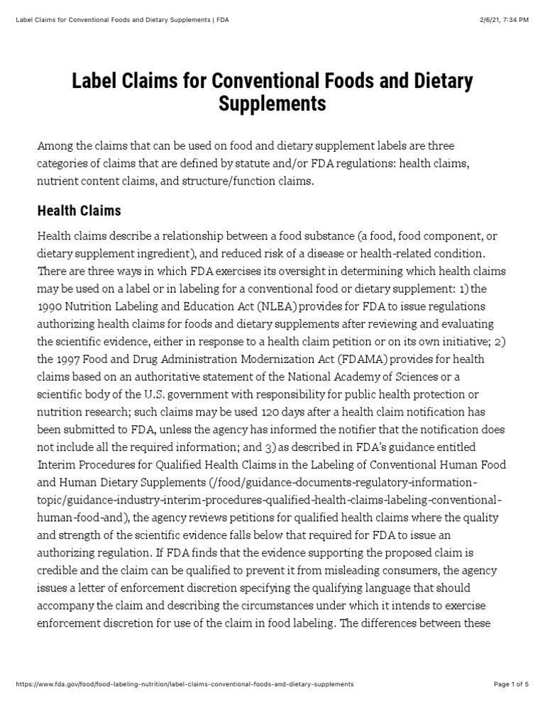 FDA - Label Claims For Conventional Foods and Dietary Supplements | PDF ...