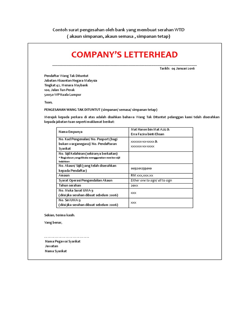 6.2 Contoh Surat Pengesahan Bagi WTD (Akaun Simpanan, Akaun Semasa Atau ...