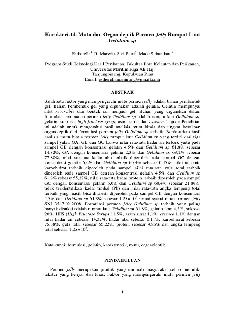 Karakteristik Mutu Dan Organoleptik Permen Jelly Rumput Laut Jurnal | PDF