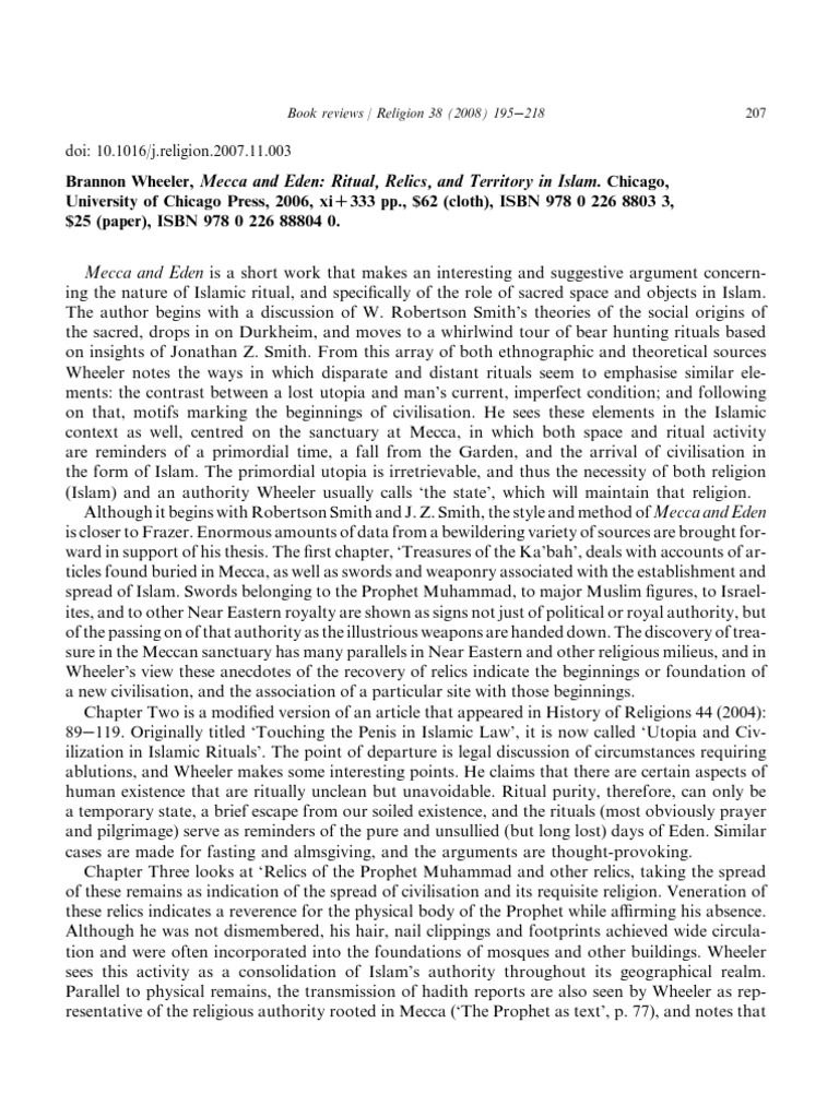 Brannon Wheeler, Mecca and Eden: Ritual, Relics, and Territory in Islam ...