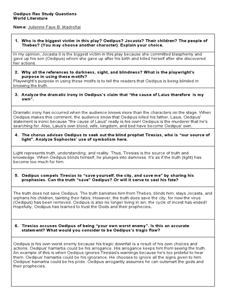 Oedipus Rex Study Questions | Download Free PDF | Theban Mythology