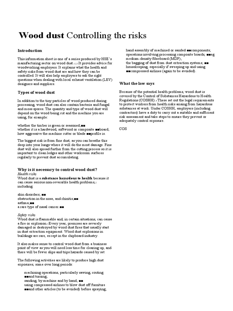 Wood Dust Controlling The Risks | PDF | Wood | Safety