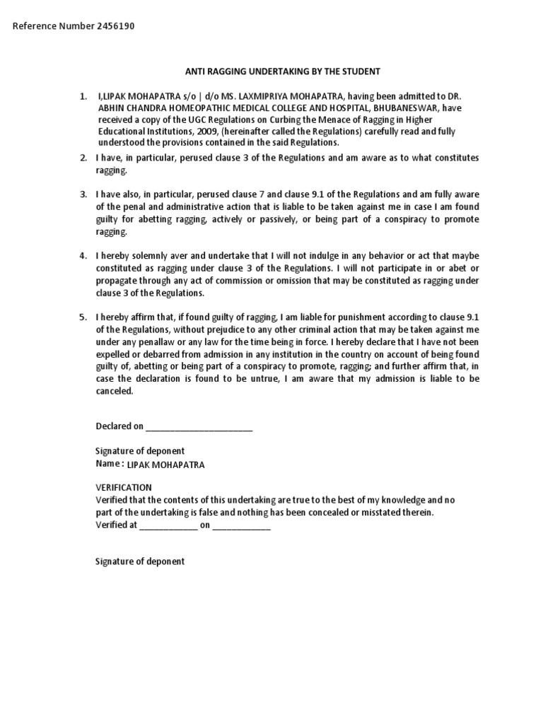 Reference Number 2456190: Anti Ragging Undertaking by The Student | PDF ...