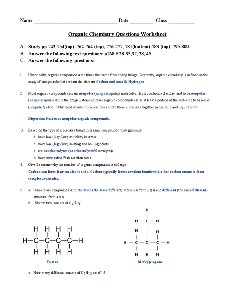 Organic Chemistry Questions Worksheet - Answer Key | PDF | Chemical ...
