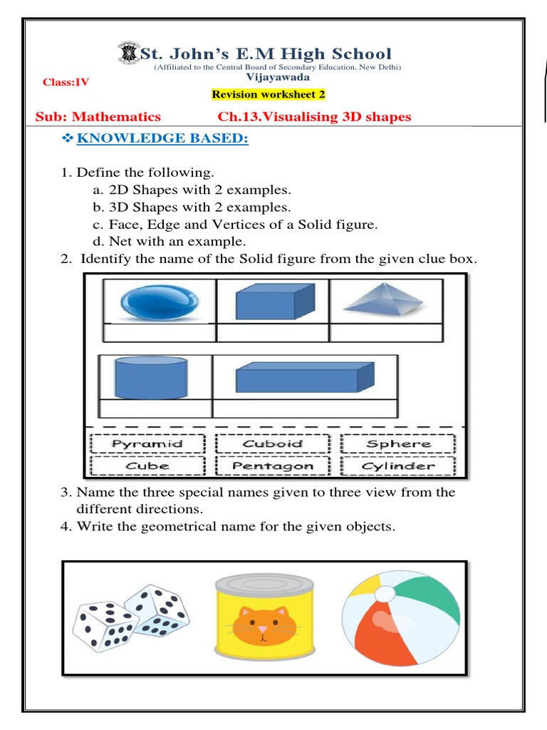 STD 4 Maths Half Yearly Revision Ws - 3 Visualising 3D Shapes | PDF ...
