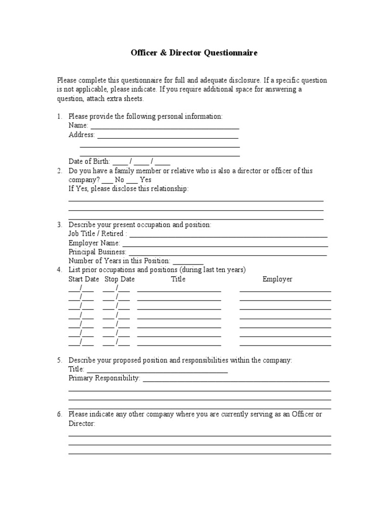 Officer & Director Questionnaire | PDF | Underwriting | Stocks