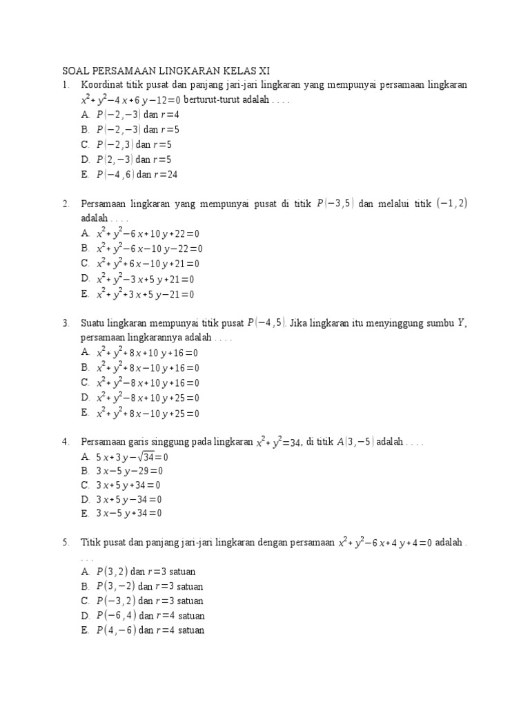 Soal Persamaan Lingkaran Kelas Xi | PDF