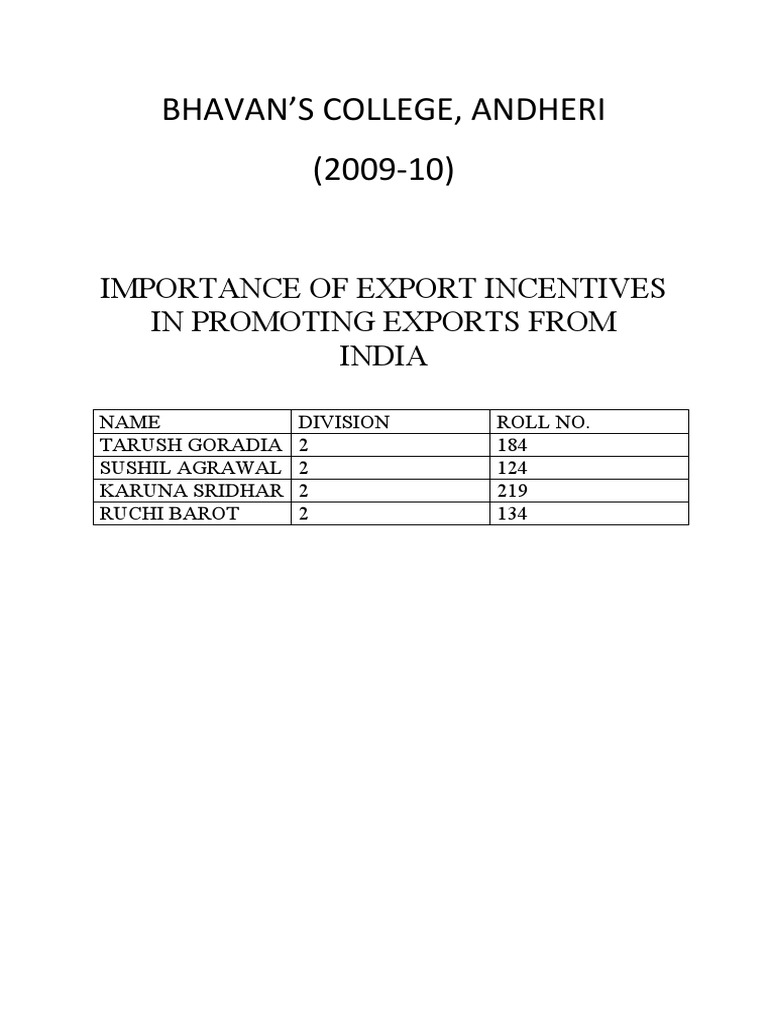 Bhavan'S College, Andheri (2009-10) : Importance of Export Incentives in Promoting Exports From ...