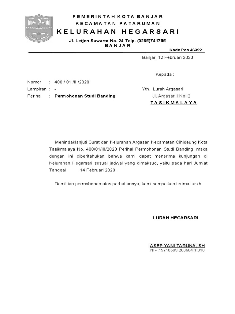 Surat Balasan Kunjungan Kerja Dinas | PDF