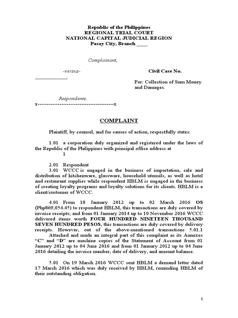 Complaint - Collection of Sum of Money-1 | PDF | Receipt | Lawsuit