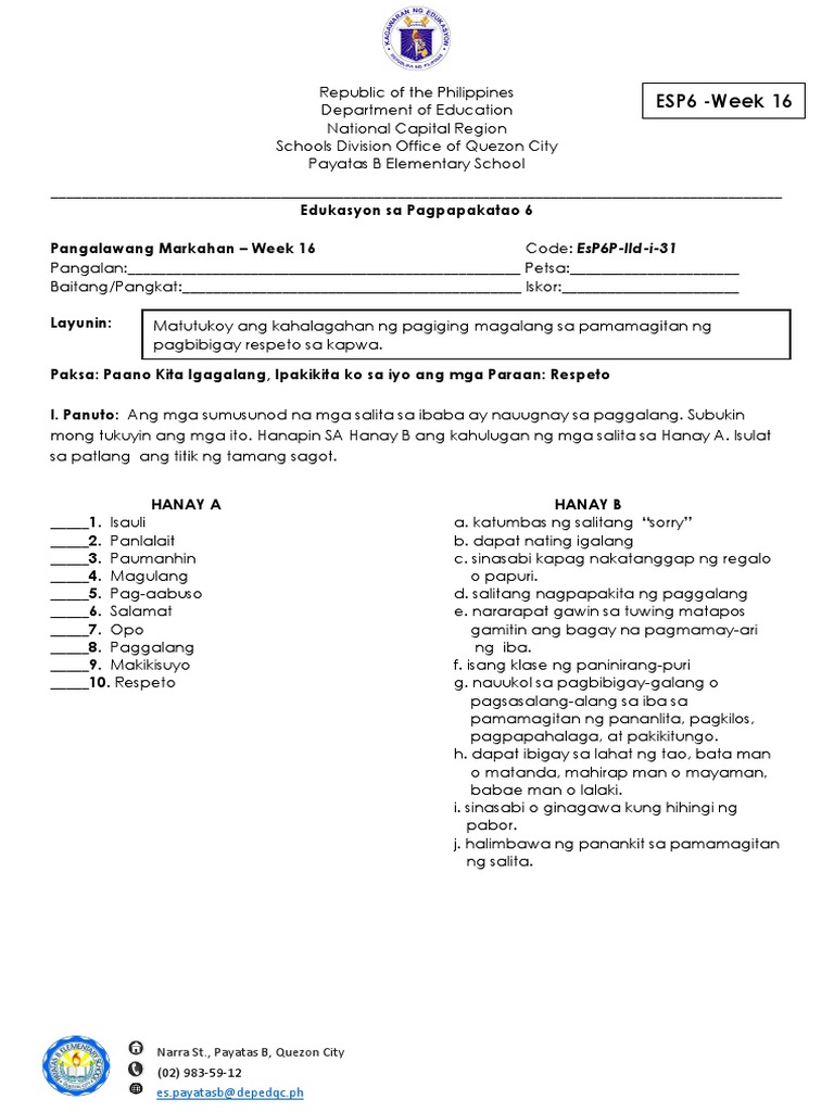 Esp Worksheet Q2 Week 16 20 | PDF