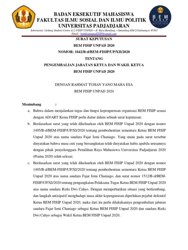 1642 - SK Pengembalian Jabatan Ketua Dan Wakil Ketua BEM FISIP 2020 | PDF