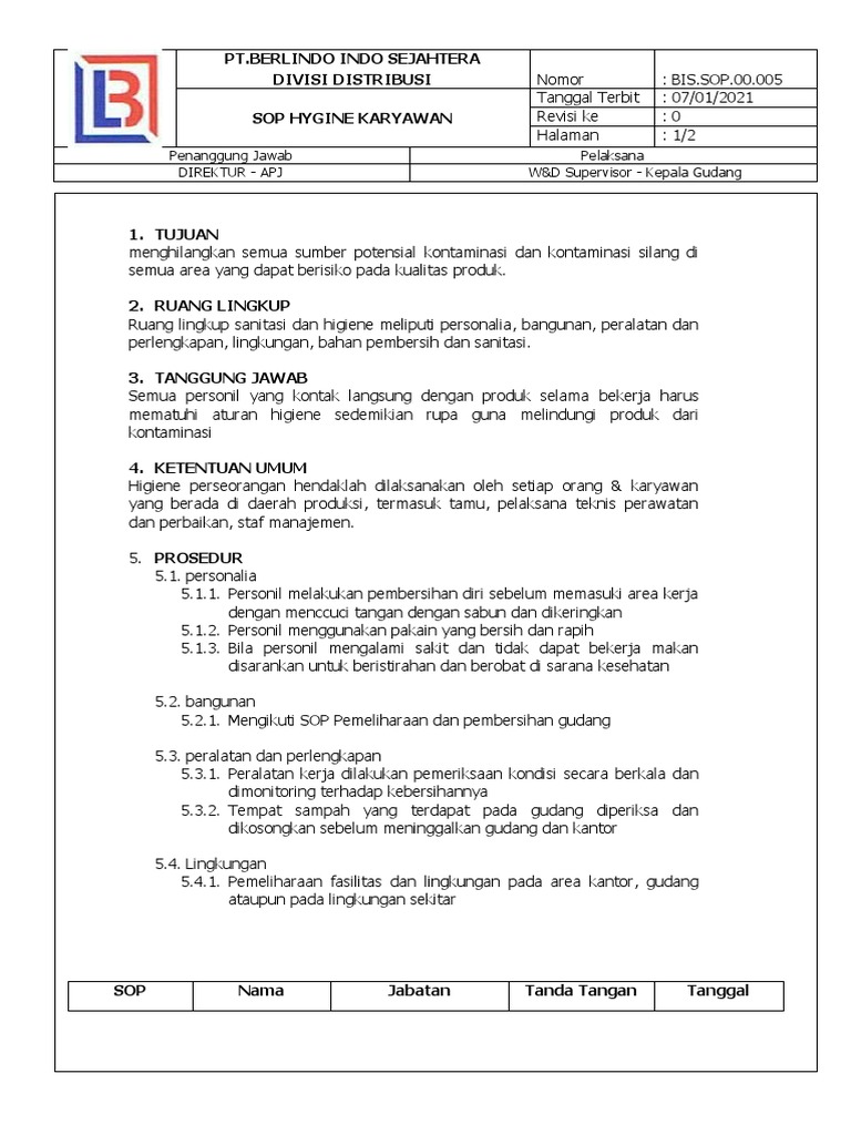 SOP Hygiene Karyawan PT. Berlindo | PDF
