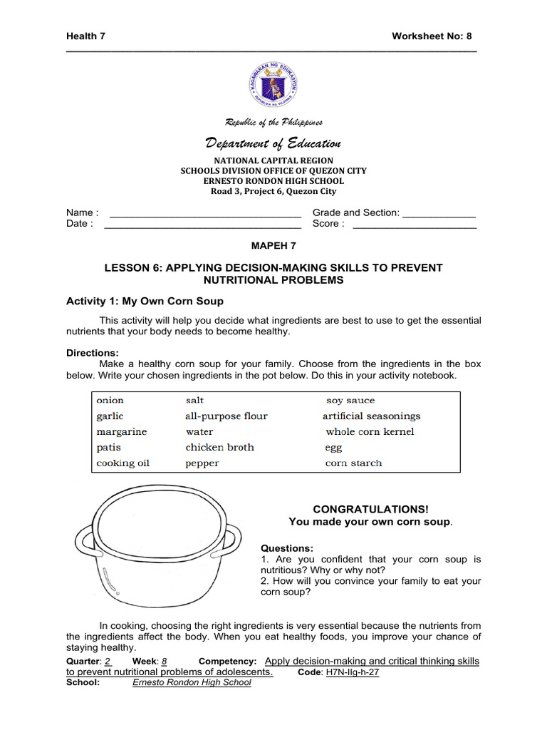 MAPEH 7-Health - Quarter-2-Worksheet 8 | PDF | Foods | Nutrition