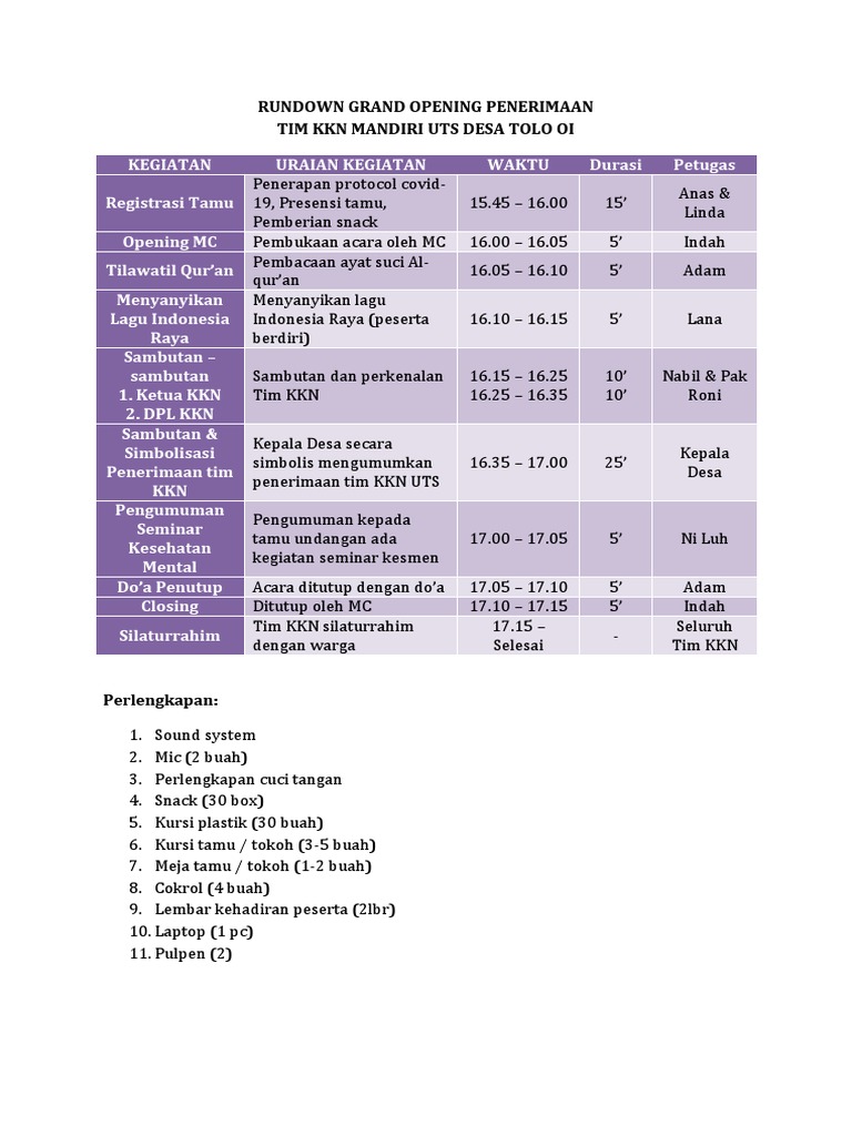 Rundown Grand Opening Penerimaan | PDF