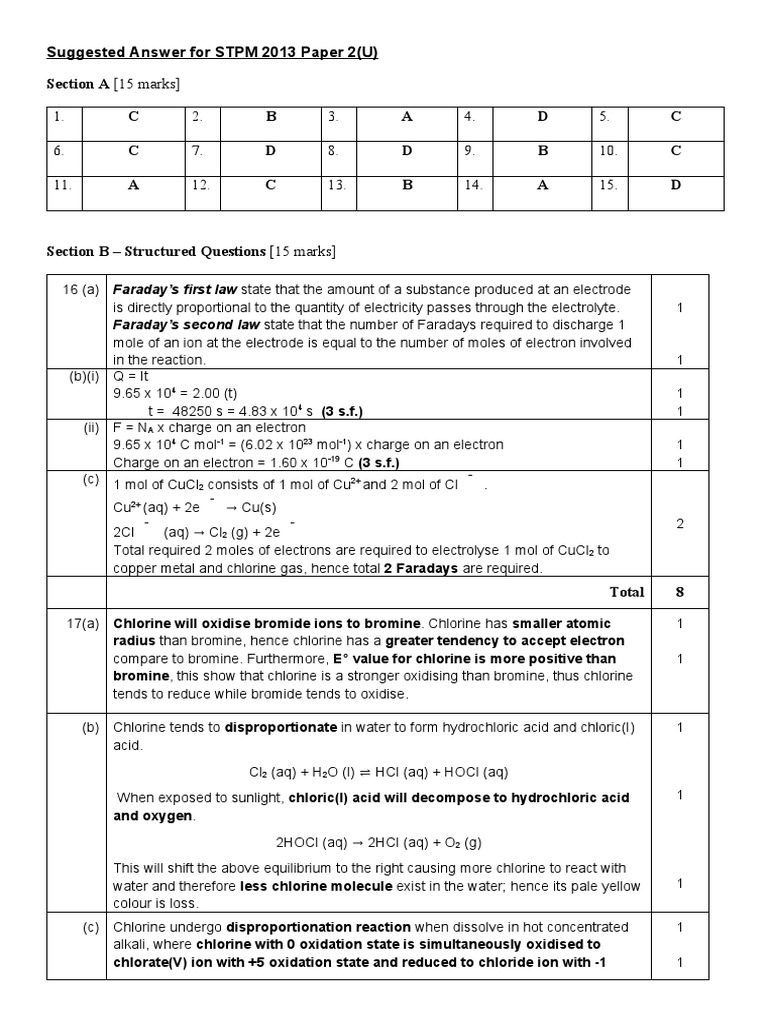 STPM 2013 Chemistry Paper 2 Answers | PDF | Chlorine | Ionic Bonding