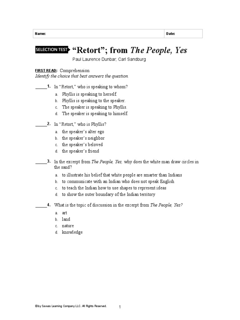 "Retort" From The People, Yes: Identify The Choice That Best Answers ...