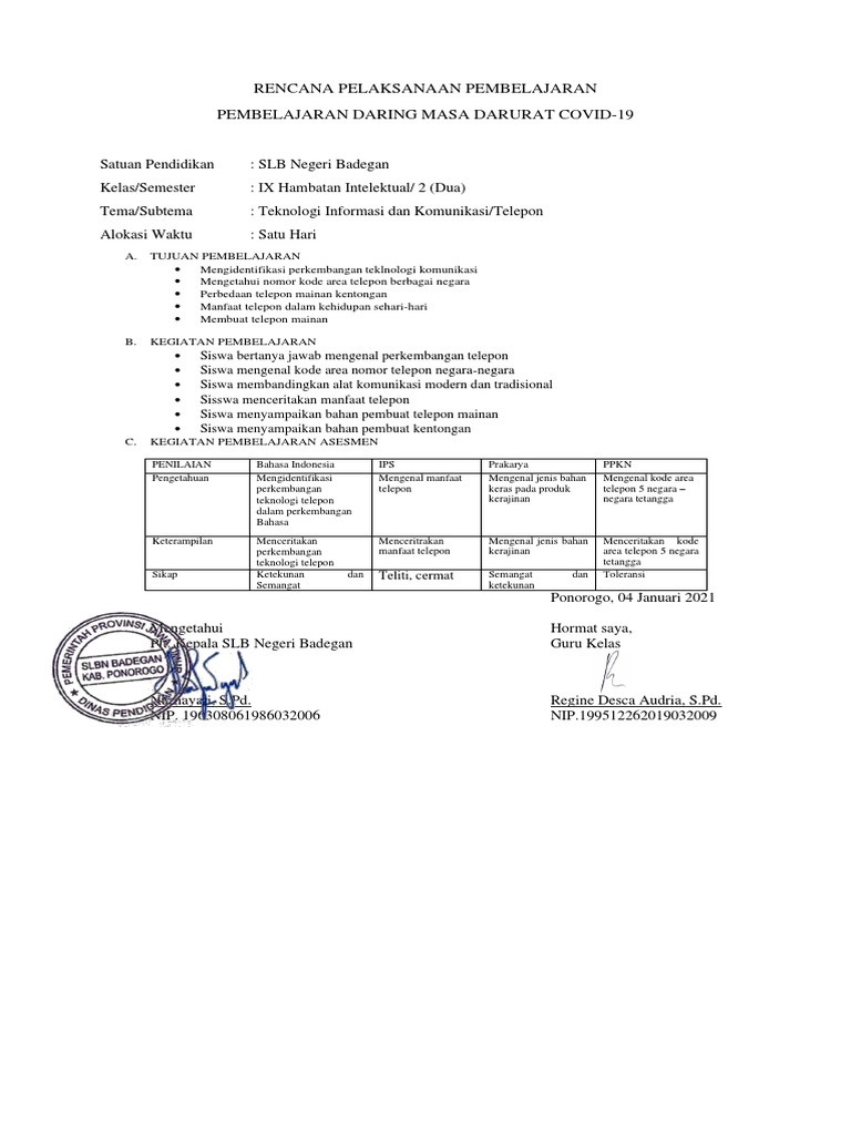 RPP Kelas 9 Tunagrahita Tema 5 Subtema 1 Pembelajaran 1 | PDF