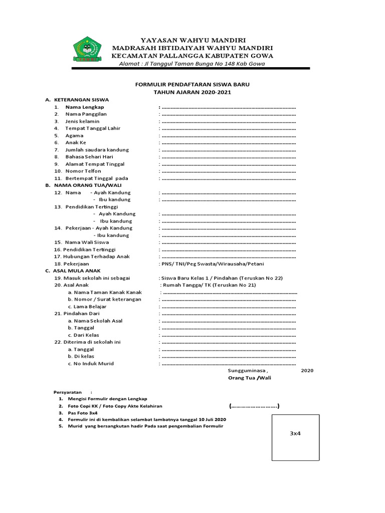 Formulir Pendaftaran Siswa Baru MI Wahyu Mandiri | PDF
