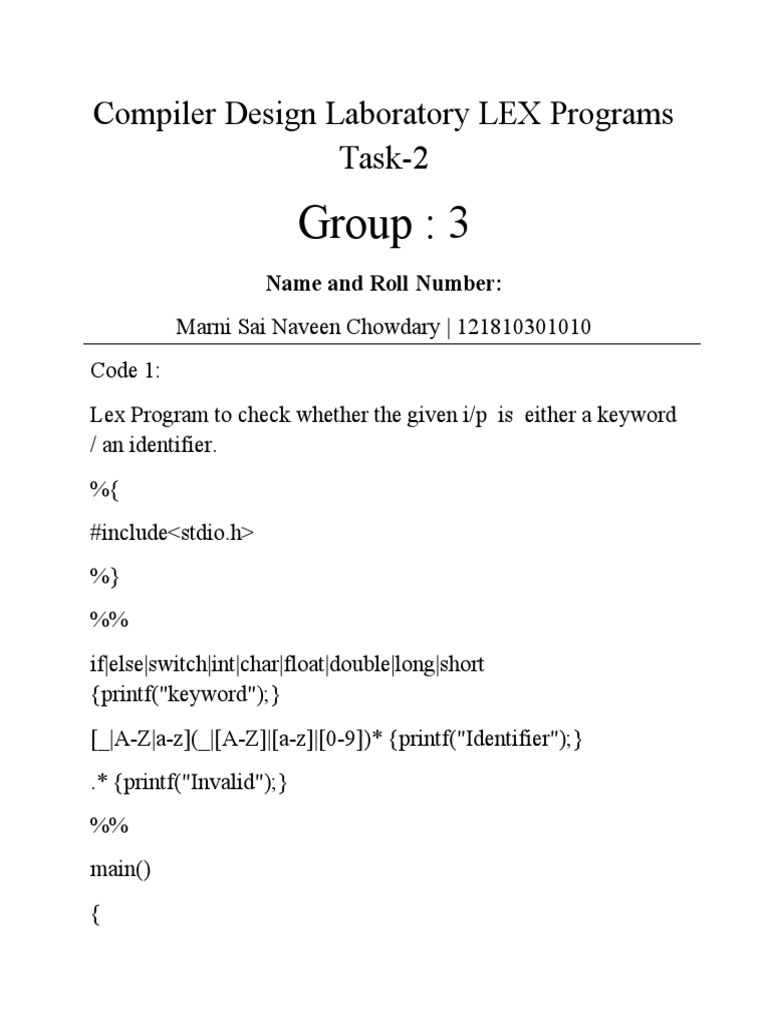 Room 3 Compiler Design Laboratory LEX Programs | PDF