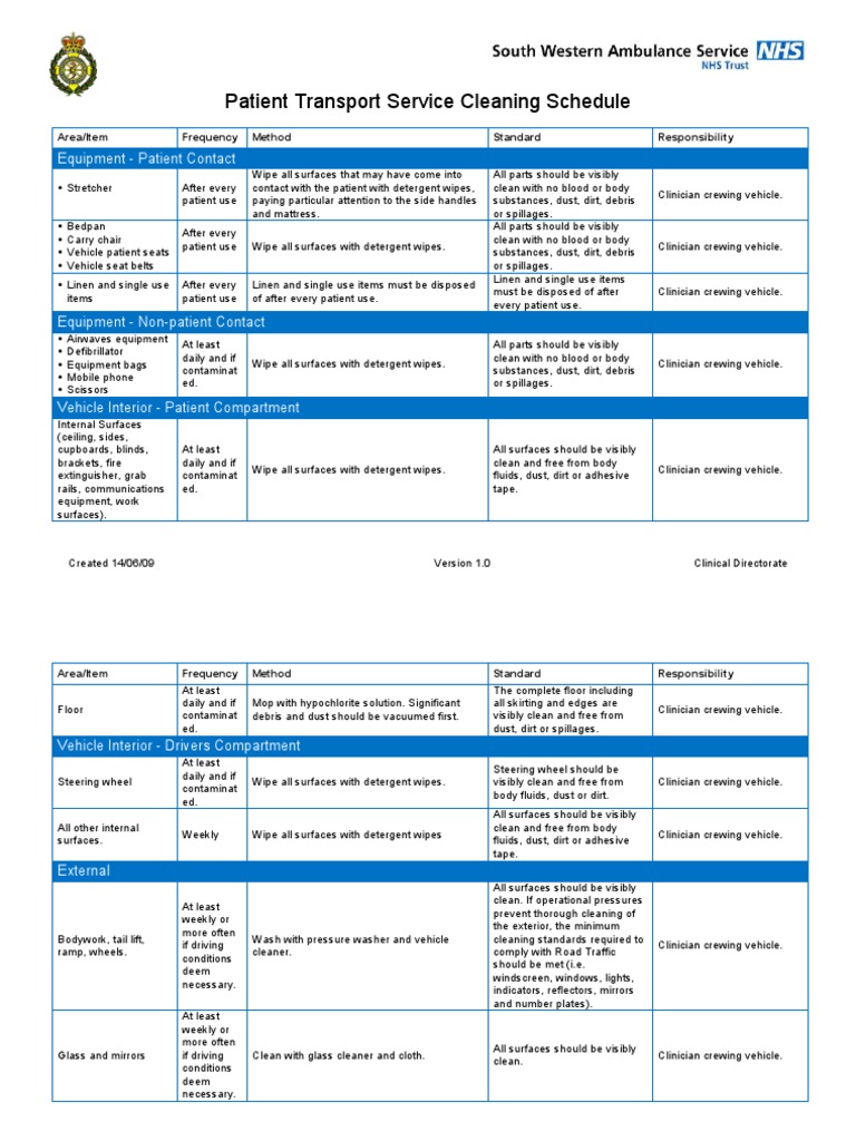 Ambulance Cleaning Schedule Guide | PDF | Vehicles | Manufactured Goods