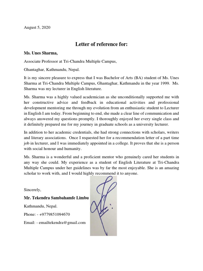 Reference Letter To Unes Sharma | PDF