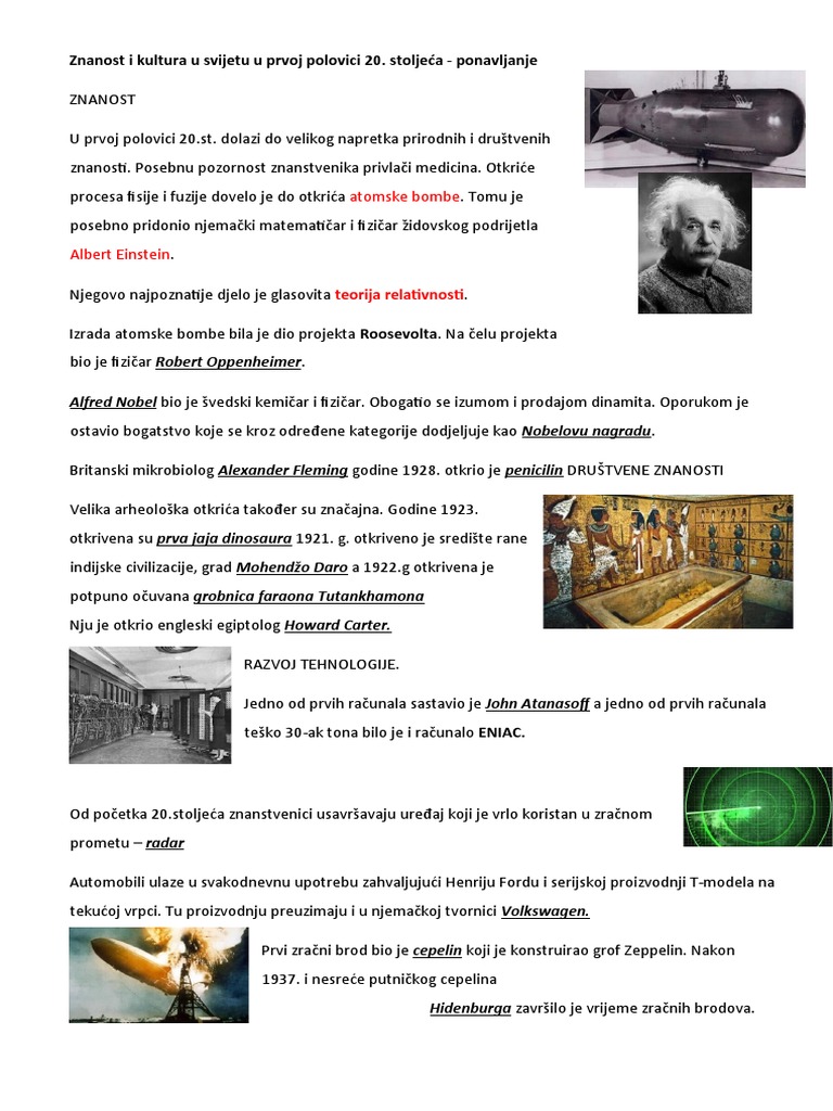 Znanost I Kultura U Svijetu U Prvoj Polovici 20. Stoljeća - Ponavljanje - Popunjavanje | PDF