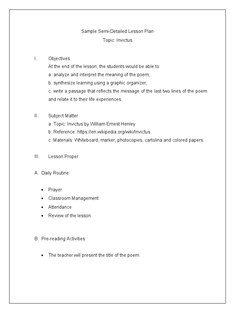 Sample Semi-Detailed Lesson Plan | PDF