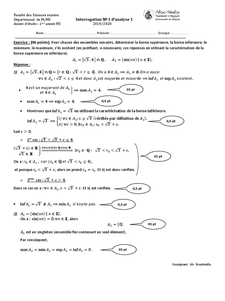Corrigé Interrogation 1 Analyse 1 Groupe A4 | PDF | Enseignement des mathématiques