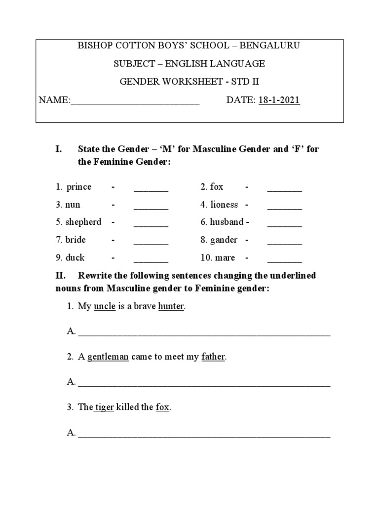 Gender Worksheet | PDF | Grammatical Gender | Human Communication