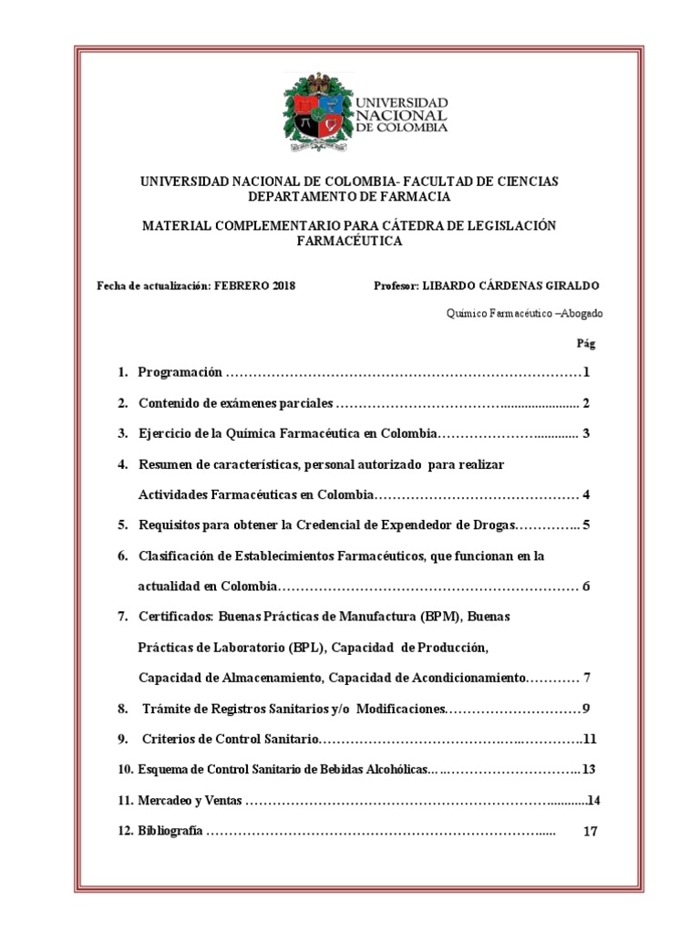 2018-1 Material Complementario Cátedra de Legislación Farmacéutica Final | PDF | Farmacéutico ...