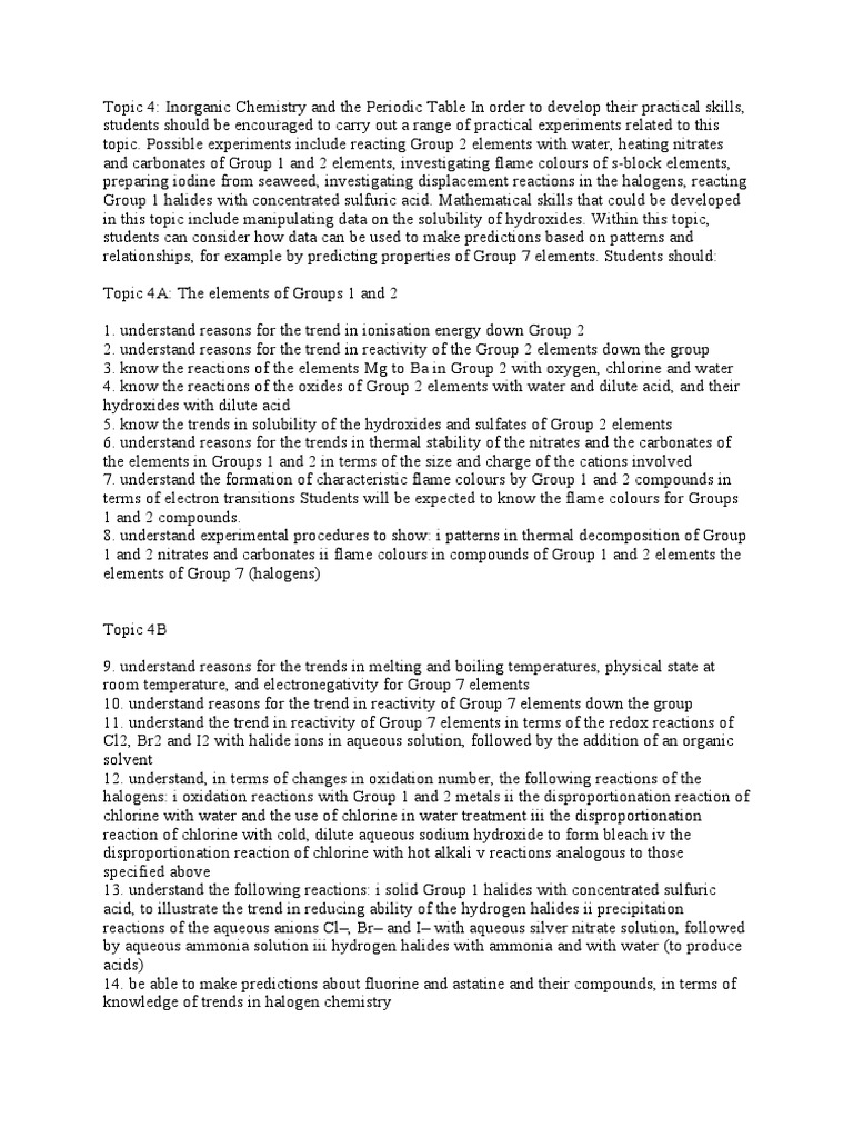 Topic 4 - Inorganic Chemistry and The Periodic Table | PDF | Chlorine ...