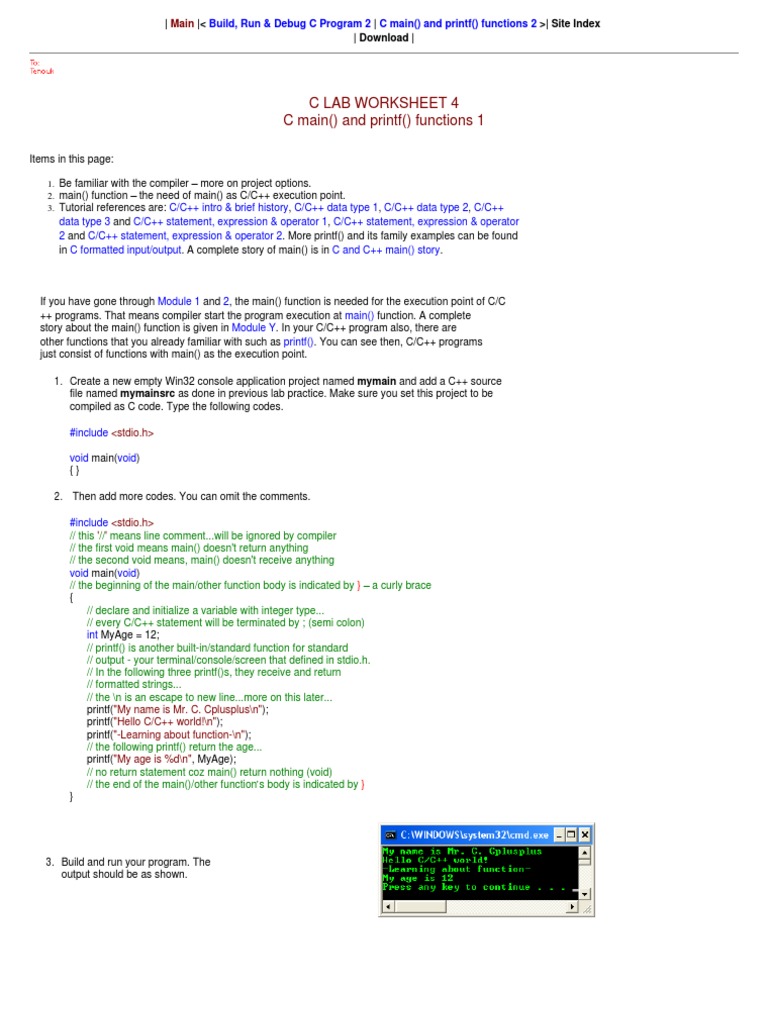 C Lab Worksheet 4 C Main and Printf Functions 1 | PDF | Parameter (Computer Programming) | C ...